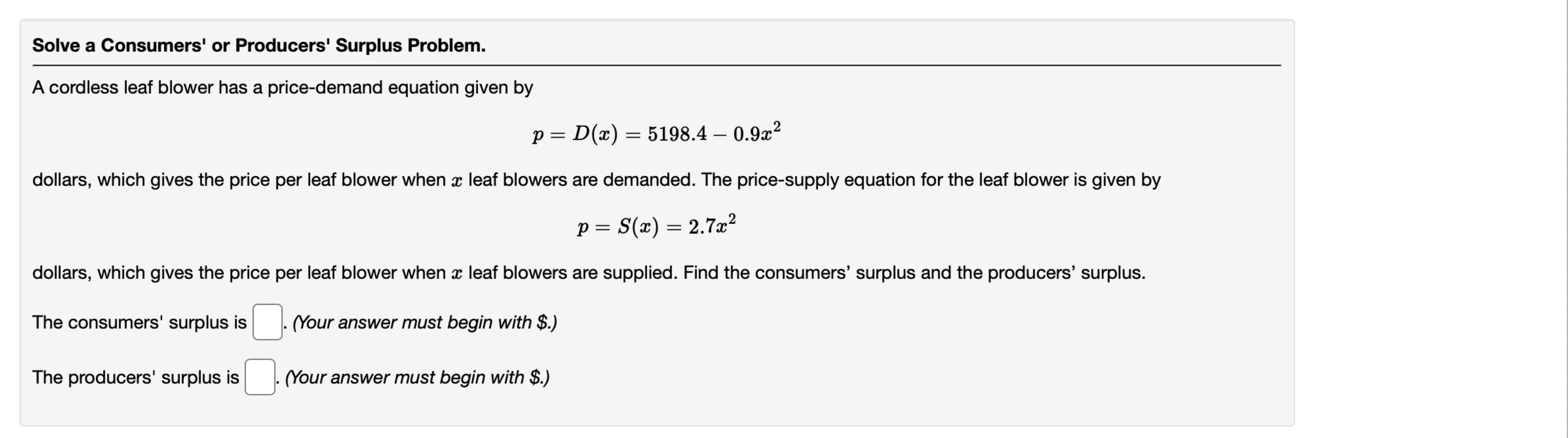 Solved Solve a Consumers' or Producers' Surplus Problem.A | Chegg.com