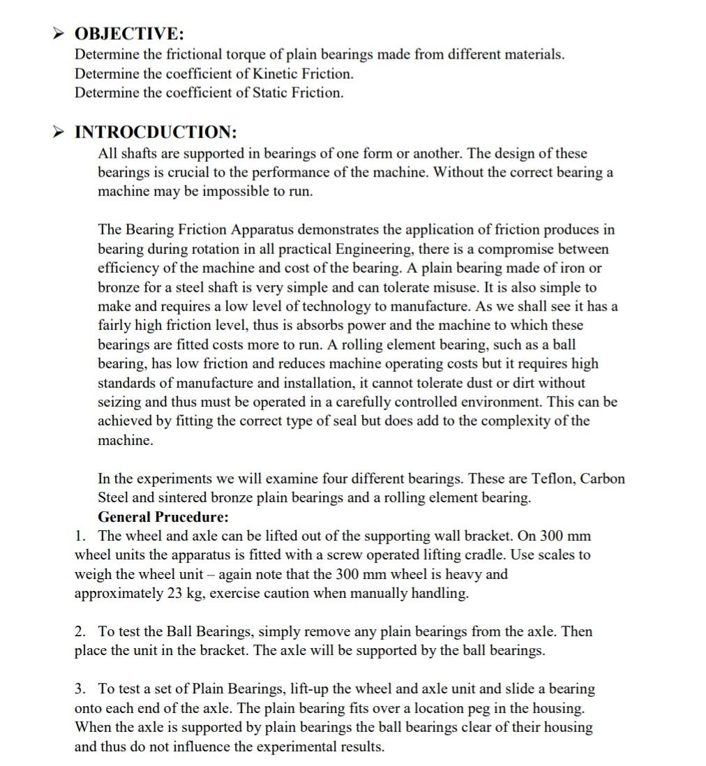 Solved OBJECTIVE: Determine the frictional torque of plain | Chegg.com