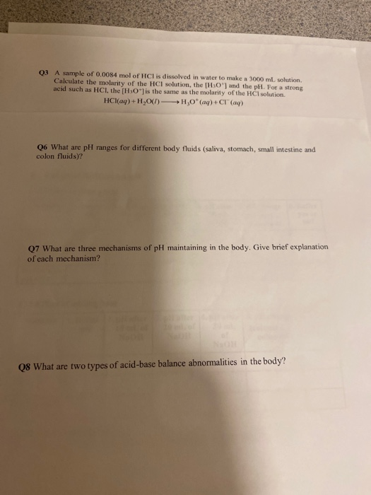 Solved Q3 A sample of 0.0084 mol of HCl is dissolved in | Chegg.com