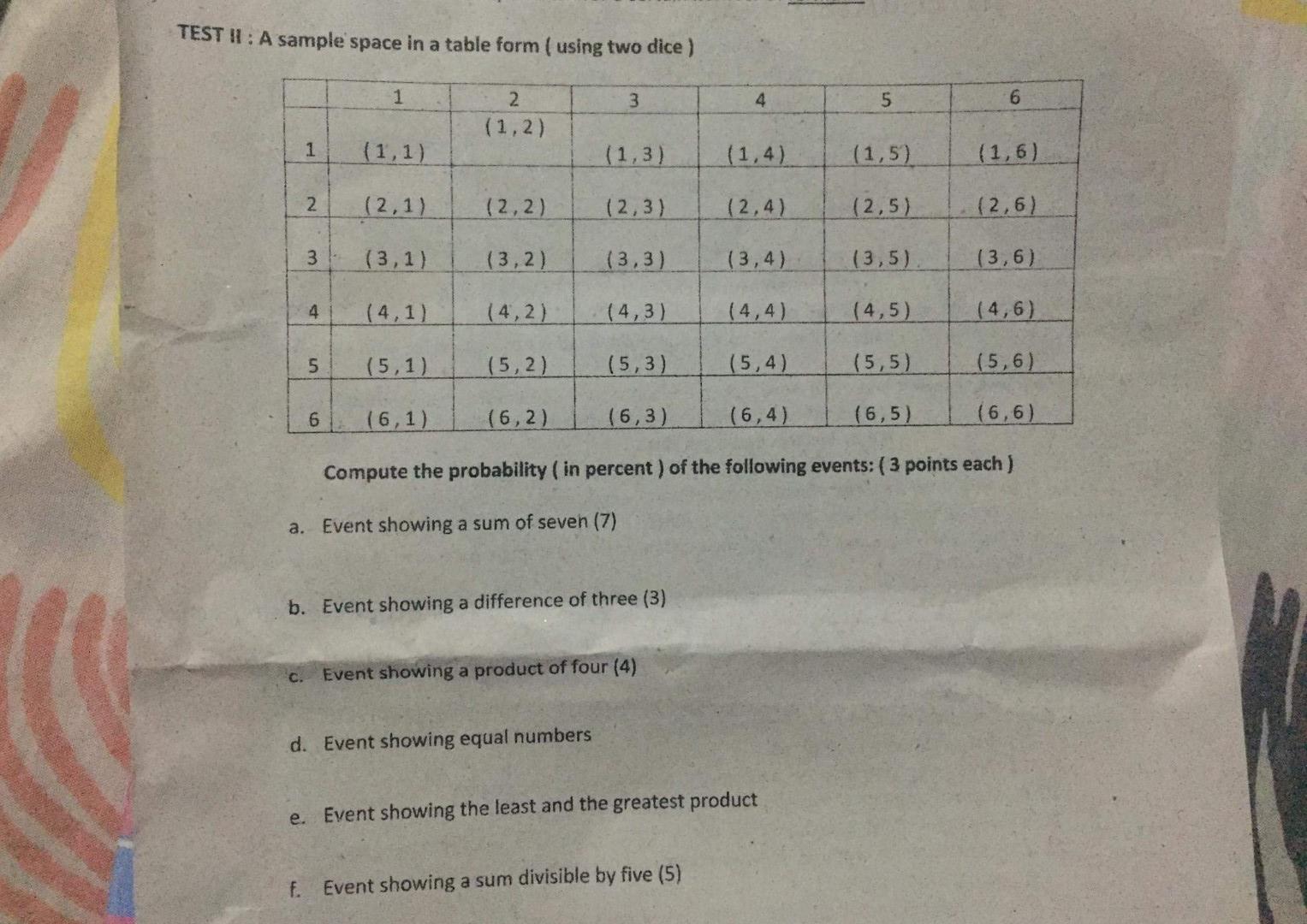 Solved TESTI: A sample space in a table form ( using two | Chegg.com