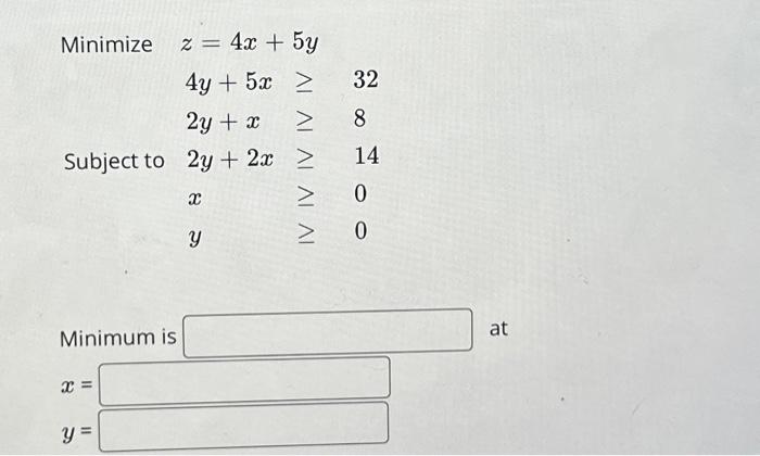 Solved Minimize Minimum is 2y + x Subject to 2y + 2x > X = ~ | Chegg.com
