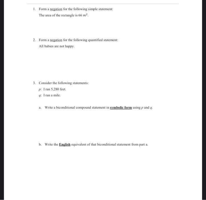 Solved 1. Form a negation for the following simple | Chegg.com