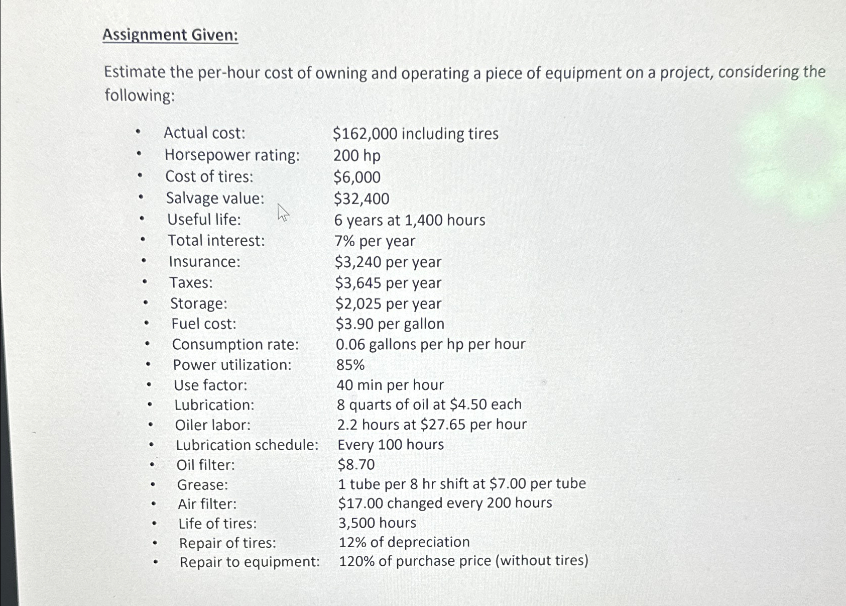 Solved Assignment Given:Estimate the per-hour cost of owning | Chegg.com