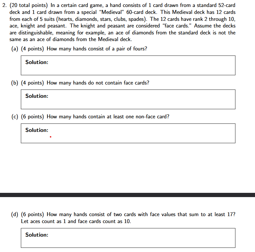 Solved 2. (20 ﻿total points) ﻿In a certain card game, a hand | Chegg.com