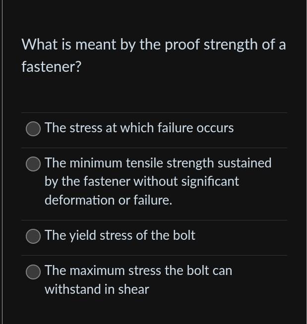 What is meant by the proof strength of a fastener? | Chegg.com