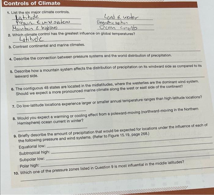 Solved Controls of Climate 1. List the six major climate | Chegg.com