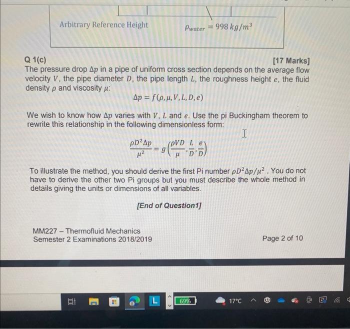 Solved Q 1(c) [17 Marks] The pressure drop Δp in a pipe of | Chegg.com