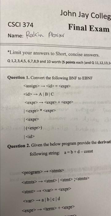 Solved ∗ Limit your answers to Short, concise answers. | Chegg.com