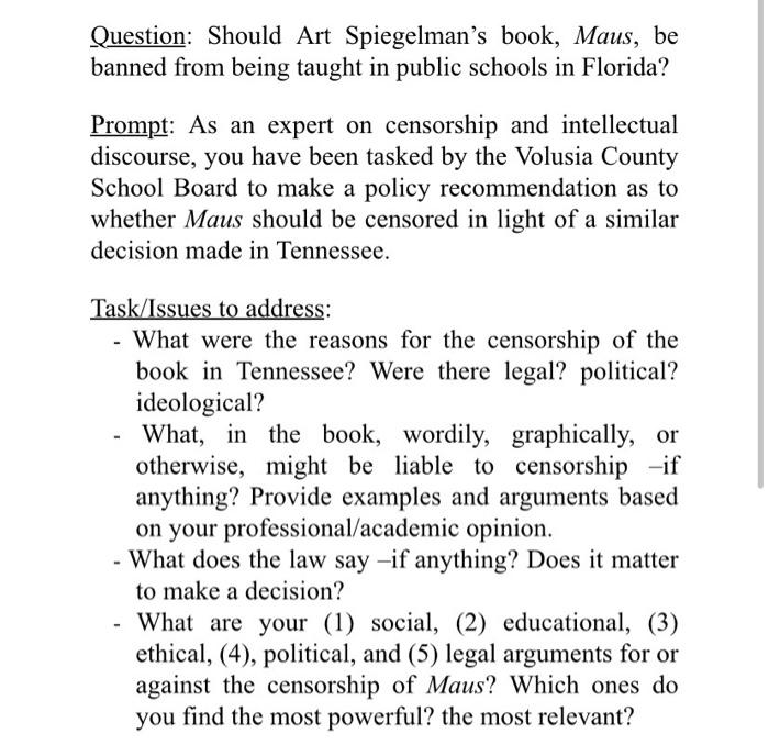 Question: Should Art Spiegelman's book, Maus, be | Chegg.com