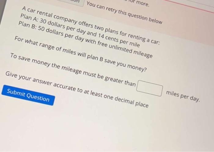 Solved A car rental company offers two plans for renting a | Chegg.com