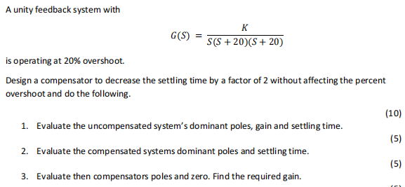 Solved A unity feedback system withG(S)=KS(S+20)(S+20)is | Chegg.com