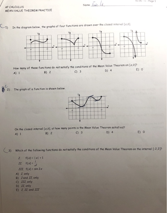 Solved 1- Page 1 Name Enic. Li AP CALCULUS MEAN VALUE | Chegg.com