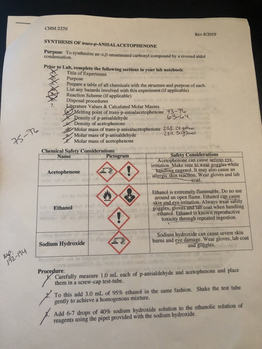 CHM 2370 Rev 8/2019 SYNTHESIS OF | Chegg.com