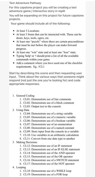 Solved Text Adventure Pathway For this capstone project you | Chegg.com