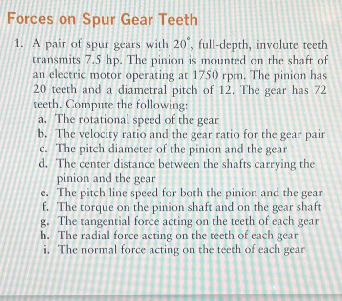 Solved Forces on Spur Gear Teeth 1. A pair of spur gears | Chegg.com