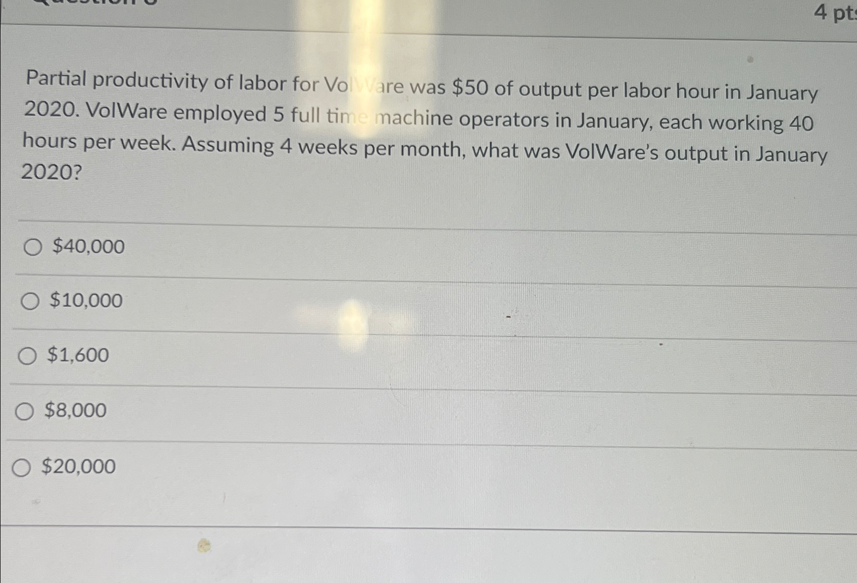 Solved Partial productivity of labor for Vo are was $50 ﻿of | Chegg.com