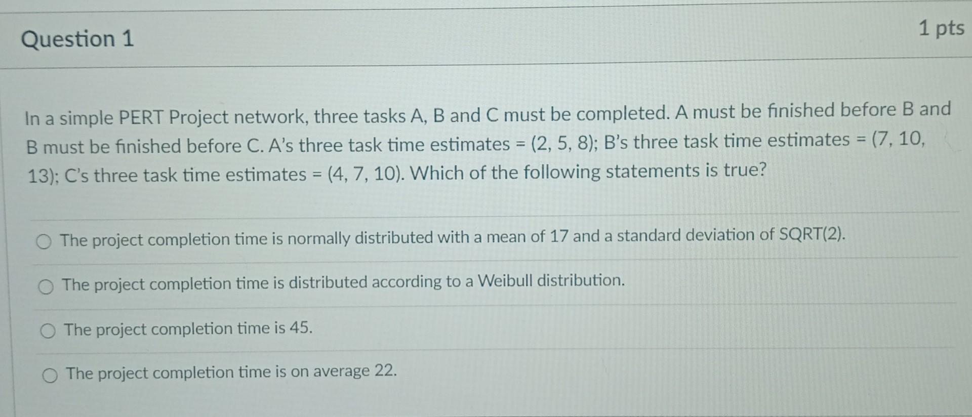 Solved 1 pts Question 1 In a simple PERT Project network, | Chegg.com