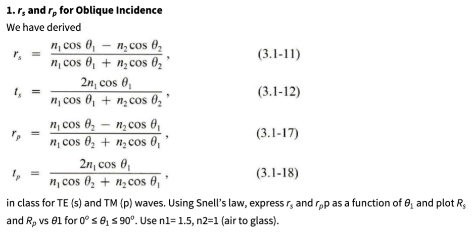 Solved rs ﻿and rp ﻿for Oblique IncidenceWe have | Chegg.com