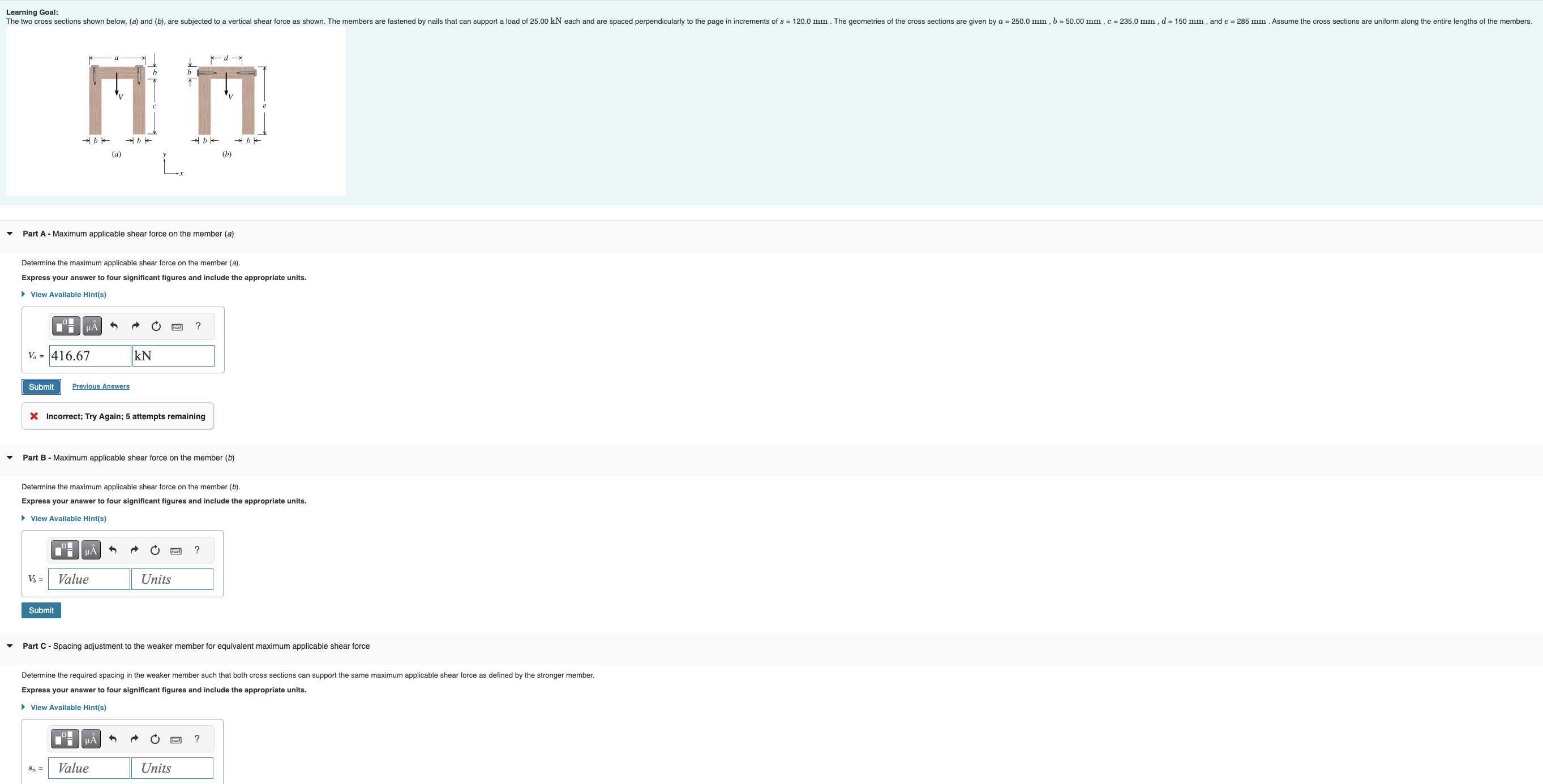 Solved Part A - ﻿Maximum applicable shear force on the | Chegg.com