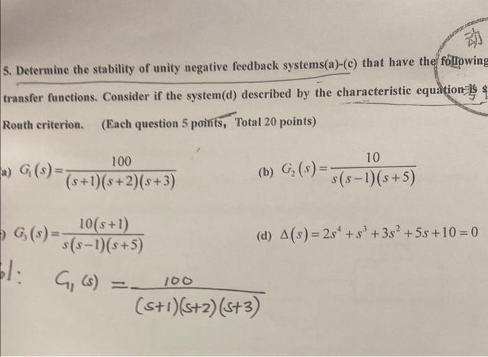 Solved 5. Determine the stability of unity negative feedback | Chegg.com