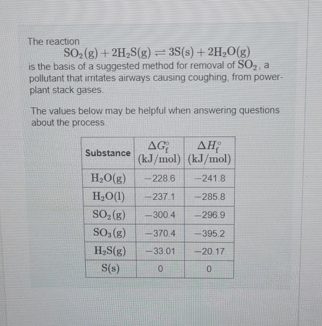 Solved The reaction SO2( g)+2H2 S( g)⇌3 S( s)+2H2O(g) is the | Chegg.com