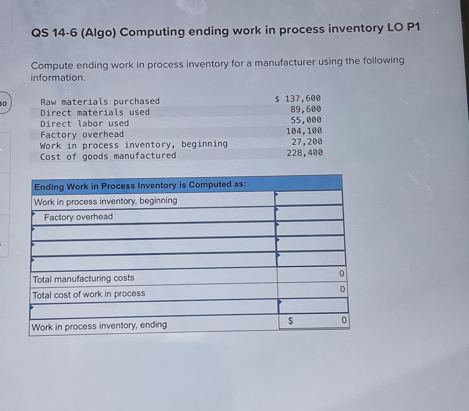 Solved QS 14-6 (Algo) ﻿Computing ending work in process | Chegg.com