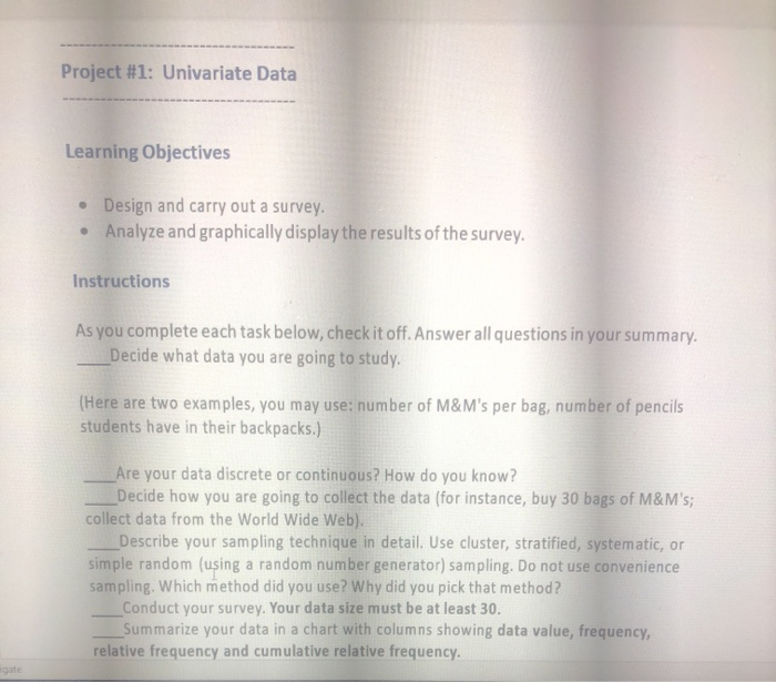Solved Project #1: Univariate Data Learning Objectives • | Chegg.com