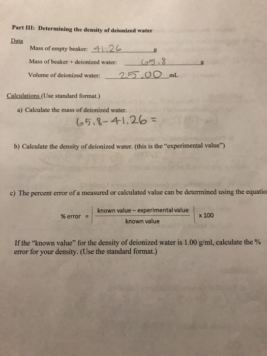 Solved Part III: Determining the density of deionized water | Chegg.com