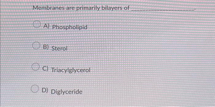 Solved Membranes are primarily bilayers of A) Phospholipid | Chegg.com
