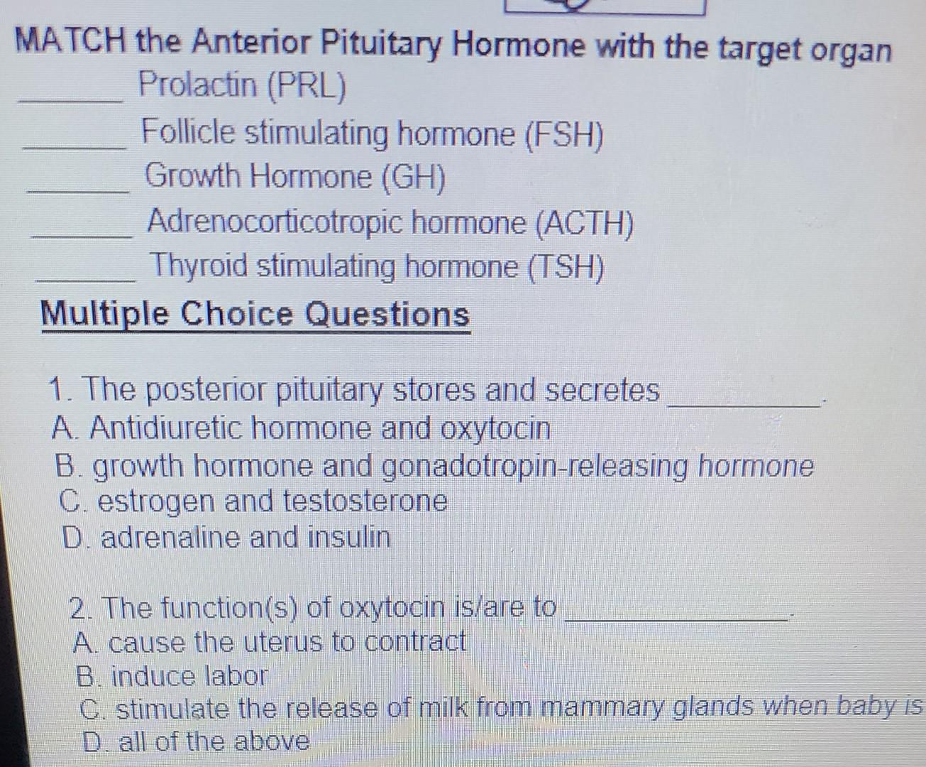 Solved MATCH the Anterior Pituitary Hormone with the target | Chegg.com