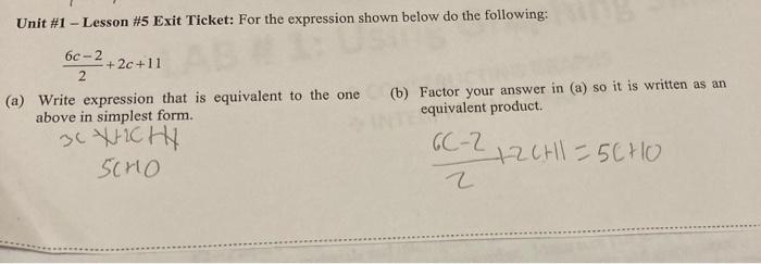 Solved Unit #1 - Lesson #5 Exit Ticket: For the expression | Chegg.com
