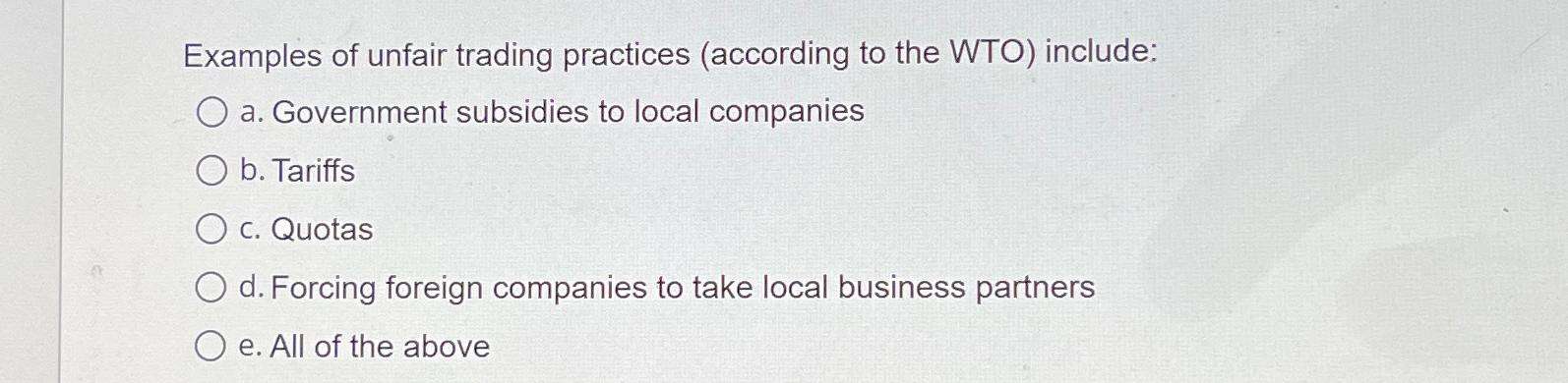 Solved Examples of unfair trading practices (according to | Chegg.com