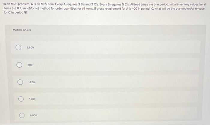 Solved In an MRP problem, A is an MPS item. Every A requires | Chegg.com