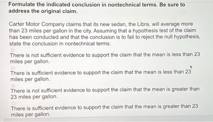 Solved Formulate the indicated conclusion in nontechnical | Chegg.com