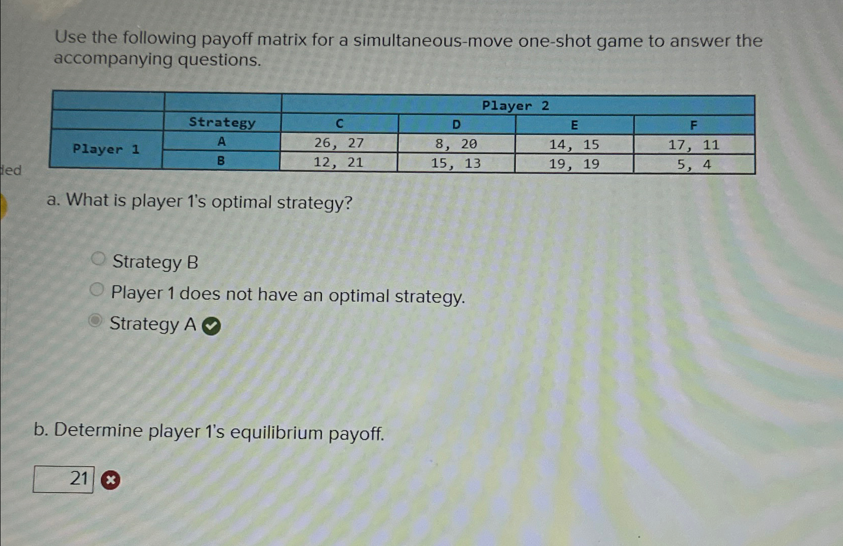 Solved Use the following payoff matrix for a | Chegg.com