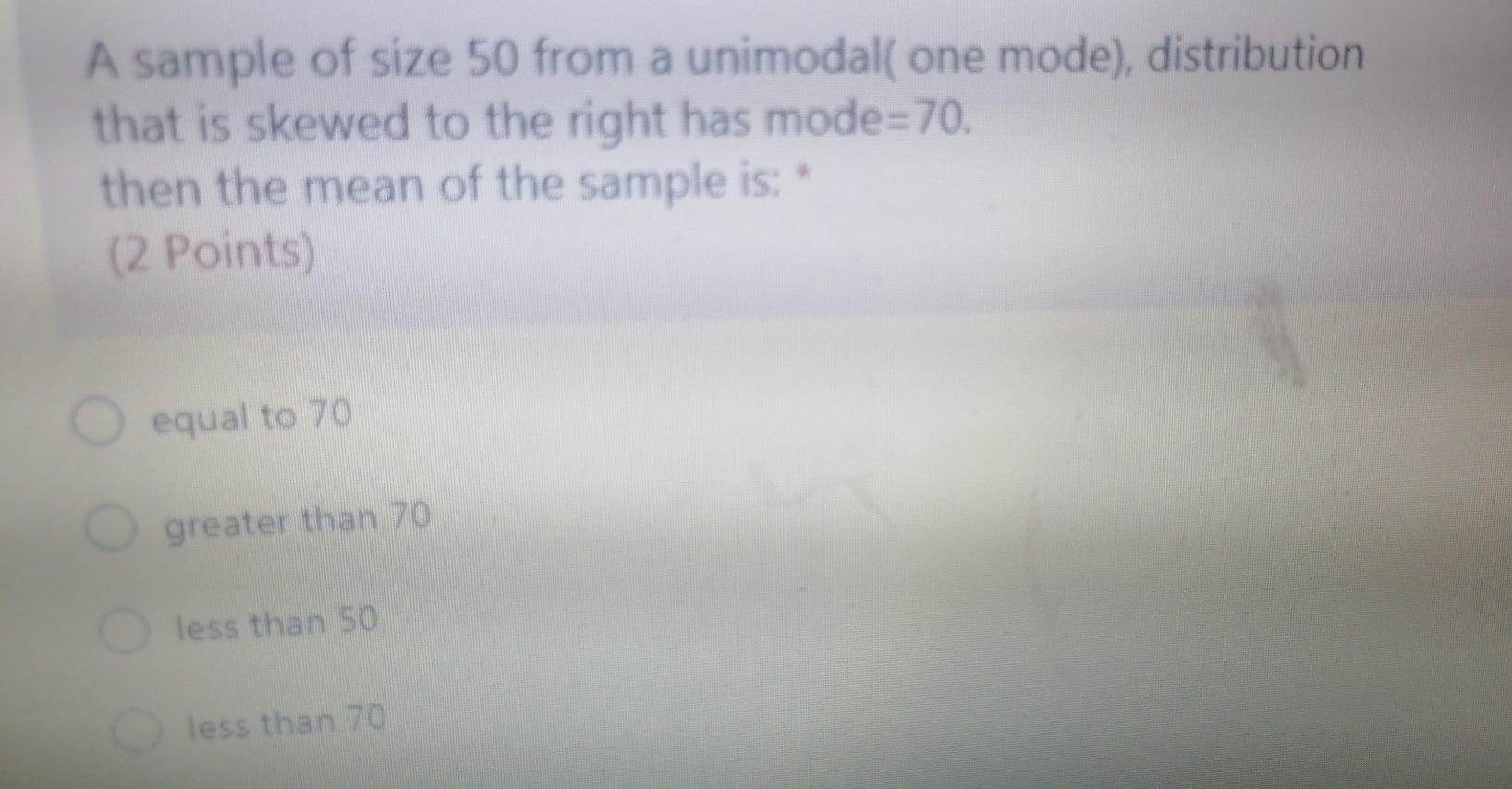 Solved A sample of size 50 from a unimodal( one mode), | Chegg.com