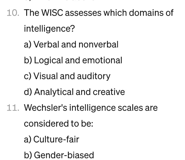 The WISC assesses which domains of intelligence?a) | Chegg.com