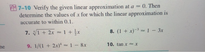 Solved 7-10 Verify the given linear approximation at a = 0. | Chegg.com
