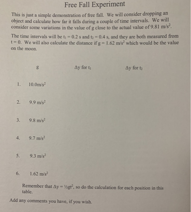 Solved Free Fall Experiment This is just a simple | Chegg.com