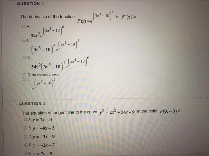 Solved The derivative of the function F(x)=e(3x3−10)6 is | Chegg.com