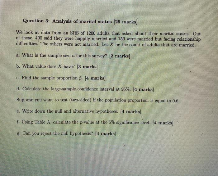 Solved Question 3: Analysis of marital status (25 marks) We | Chegg.com
