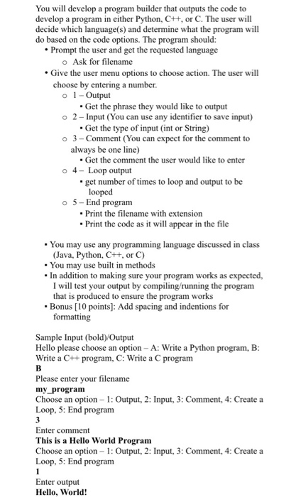 Solved You will develop a program builder that outputs the | Chegg.com
