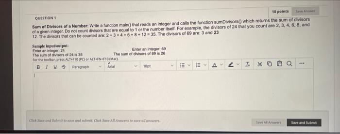Solved 10 points QUESTION 1 Sum of Divisors of a Number: | Chegg.com