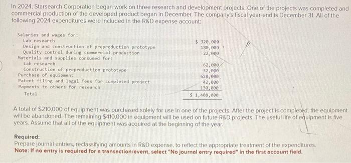 Solved In 2024. Starsearch Corporation began work on three | Chegg.com