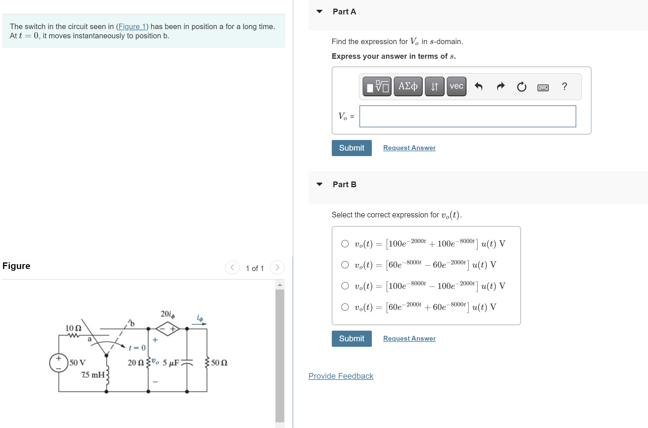 Solved Part AThe switch in the circuit seen in (Figure 1) | Chegg.com