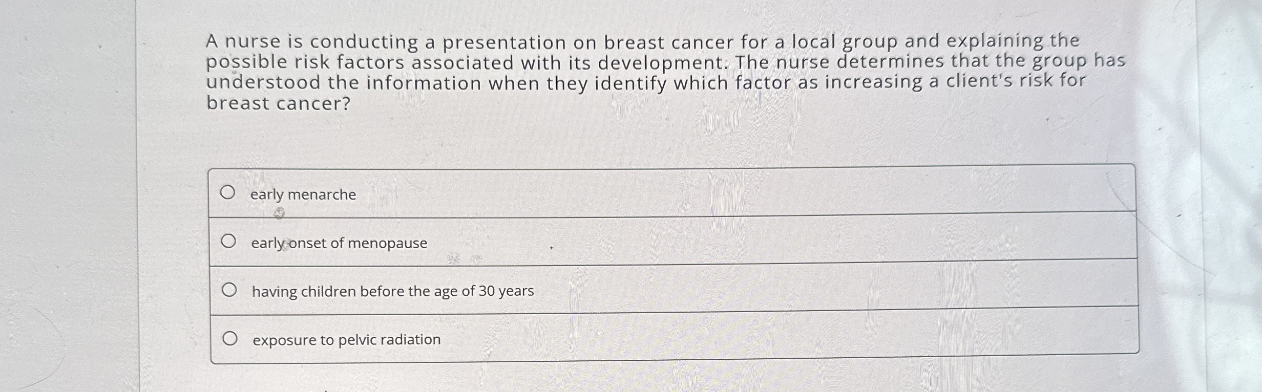 Solved A nurse is conducting a presentation on breast cancer | Chegg.com