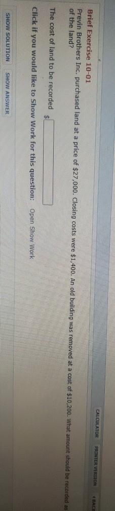 Solved CALCULATOR PRINTER VERSION BACK Brief Exercise 10-01 | Chegg.com