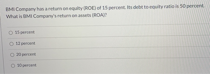 Solved BMI Company has a return on equity (ROE) of 15 | Chegg.com