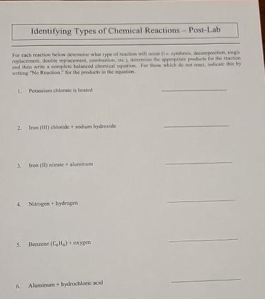 Solved Identifying Types of Chemical Reactions - ﻿Post-Lab | Chegg.com