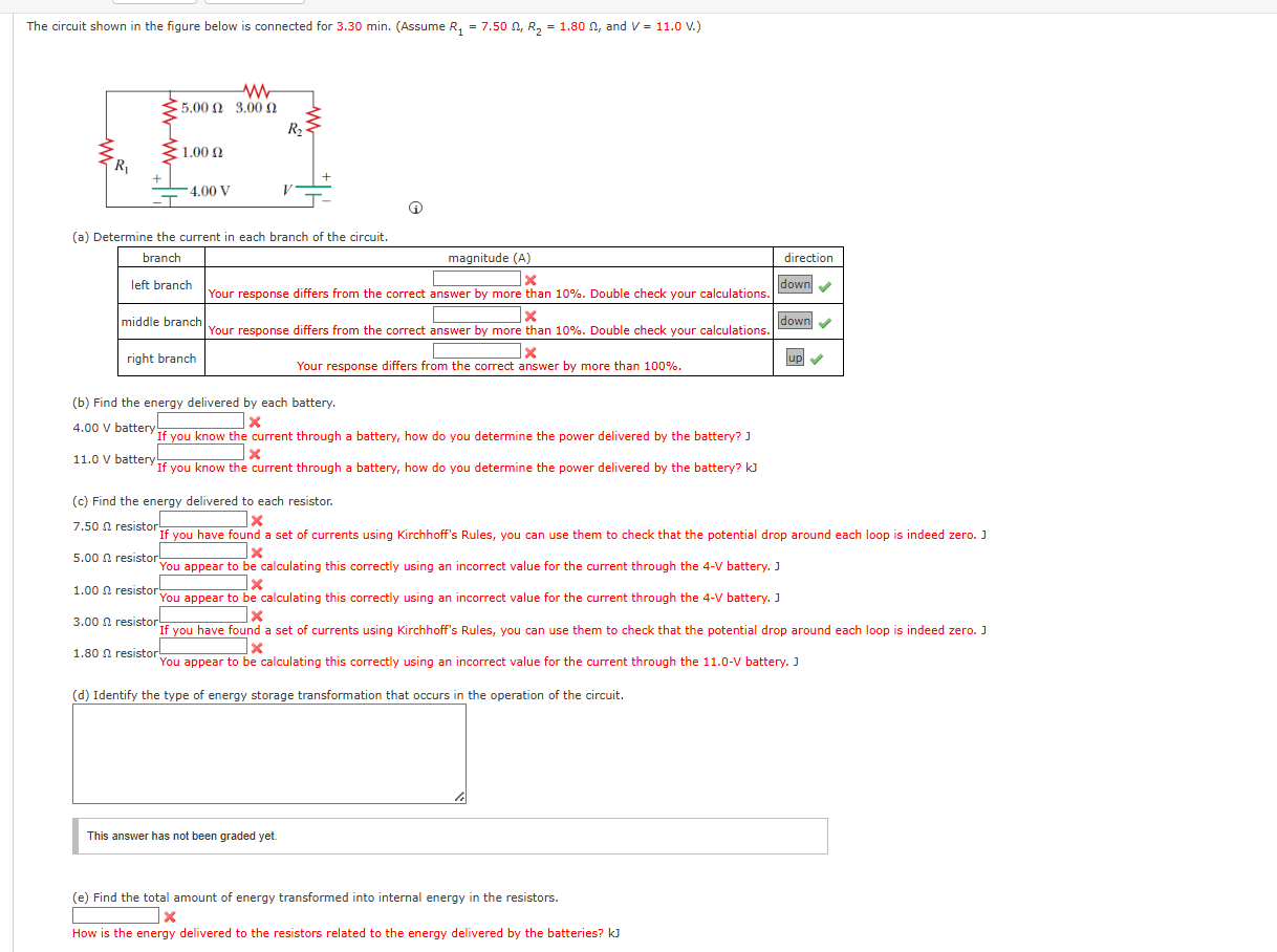 Solved R1=7.50Ω,R2=1.80Ω, ﻿and V=11.0V.x11.0 V ﻿battery×(c) | Chegg.com